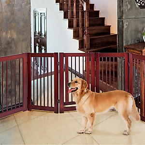 Giantex Freestanding Pet Gate with Door, 30inch 6 Panels Wooden Dog Gate with Walk Through Door, Foldable Pet Safety Puppy Fence Adjustable Pen for House Doorway Stairs