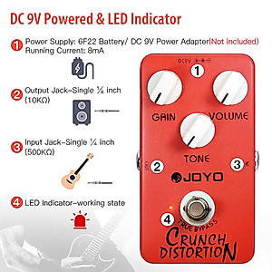 JOYO Distortion Pedal Crunch Distortion of British Classic Rock Distortion Effect for Electric Guitar - True Bypass (JF-03)