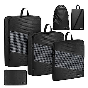 Compression Packing Cubes for Suitcases, 6 Set Large Travel Luggage Organizer Bags with Drawstring Laundry Bag, Toiletry Bag & Shoe Bag for Travel Essentials (black)