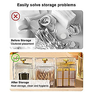 SHAIDOJIO Qtip Holder, Cotton Swabs Holder, Clear Modern Bathroom Organizer, Apothecary Jars with Lids, 3 Grids Separate Vanity Storage Jars for Cotton Ball, Swabs, Floss, Makeup Sponges(Style A)