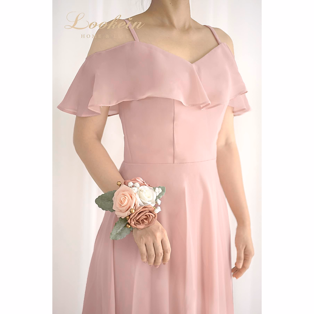 Lookein Set of 2 Bridesmaid Corsage for Wedding Flowers Shoulder Corsages Bridesmaid Gift Corsage Wristlet for Prom for Wedding Ceremony, Dusty Rose