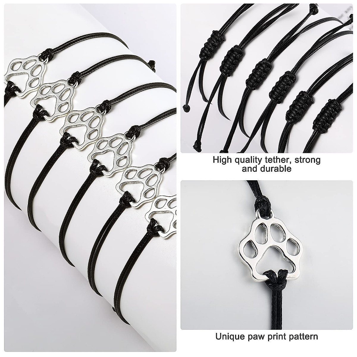 Junkin 10 Pieces Paw Print Bracelets Vet Tech Week Gifts for Women Men Teens Handmade Adjustable Strings Stainless Steel Dog Cat Paw Print Bracelets Family Friend Couple Jewelry Christmas Gift (Black)