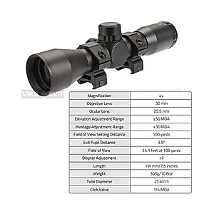 GOTICAL Ruger 10/22 and 3/8" Tactical 4x32 Compact Scope Rangefinder Reticle Hunting Riflescopes Cross-Hair Reticle and Ruger 10/22 Weaver and 3/8" Predrilled Receiver
