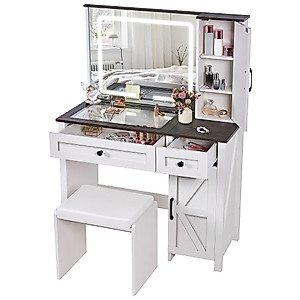 ANWBROAD Farmhouse Vanity Makeup Desk with Glass Tabletop, Vanity Desk with Lights Mirror Drawers Cabinet for Makeup, Modern Vanity Table Set with Vanity Stool for Bedroom, White UBDT59W