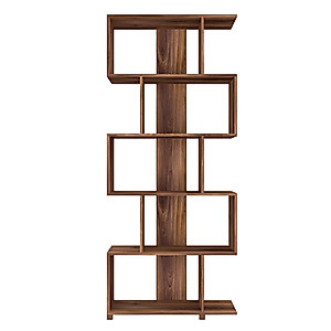Manhattan Comfort Petrolina Bookshelf with 5 Zig-Zag Cubbies & Open Shelves, Unique Mid Century Modern Bookcase, Ideal for Living Room, Office, Bedroom, Display Ornaments, Trophies, Photos, Nut Brown