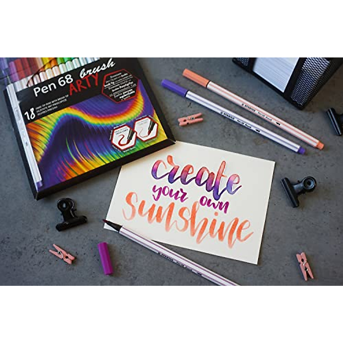 STABILO Premium Fibre-Tip Pen - Pen 68 brush ARTY - Wallet of 18 - Assorted Colours