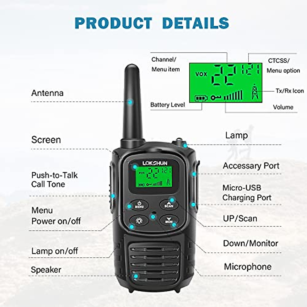 LOKSHUN Walkie Talkies for Adults Long Range with 22 FRS Channels,X1 Walkie Talkie Up to 5 Miles with Earpieces VOX Auto Squelch,Professional Walkie Talkies for Kids Gift Family Hiking Camping(2 Pack)