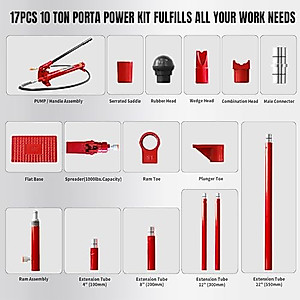 BIG RED 10 Ton Porta Power Kit, 17-pcs Hydraulic Ram Auto Body Frame Repair Kit with Blow Mold Carrying Storage Case, 20,000 lbs Capacity,Red, T71001L Torin