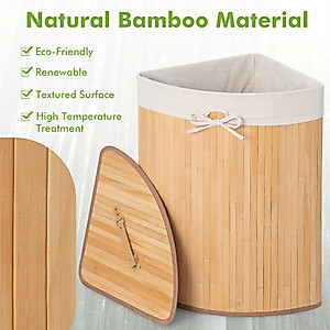 Giantex Corner Laundry Hamper with Lid, 58 L Bamboo Laundry Basket with Removable Liner & Handle, Triangle Clothes Hamper for Small Spaces, Bedroom, Bathroom, Laundry & Living Room (Natural)