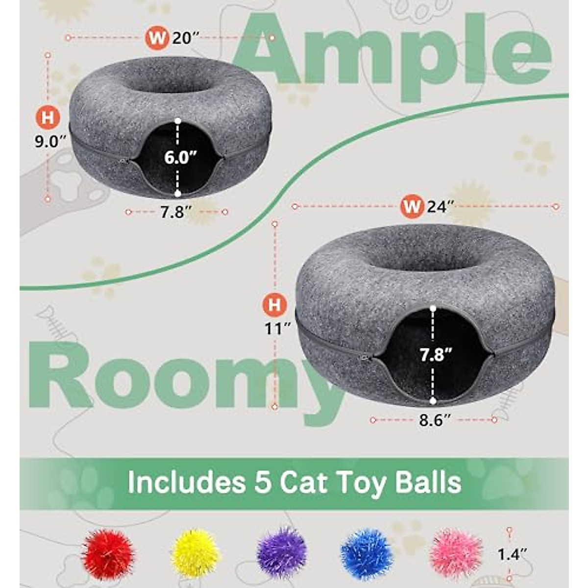 Gleejoy Peekaboo Cat Cave for Multiple Cats/Large Cats, Cat Caves for Indoor Cats Up to 30 Lbs, Cat Tunnel Bed, Scratch Detachable and Washable Large Donut Cat Bed, Dark Gray