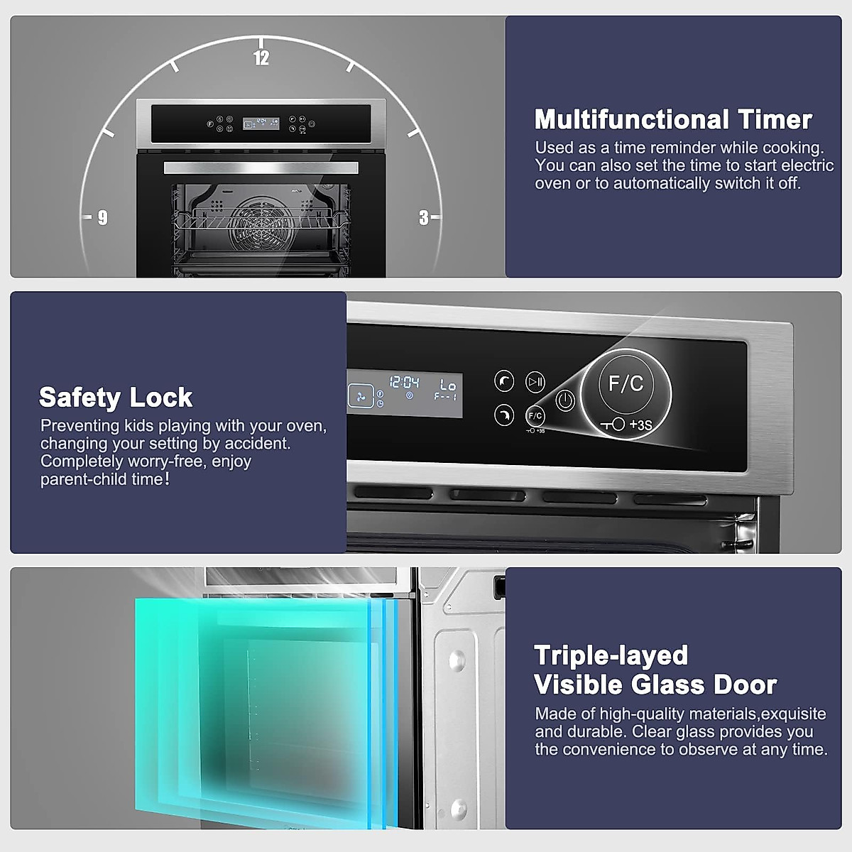 AMZCHEF Single Wall Oven 24" Built-in Electric Ovens with 11 Functions, 8 Automatic Recipes, 2800W, 240V, 2.5Cu.f Convection Wall Oven in Stainless Steel, Touch Control, Timer, Safety Lock,Upgraded