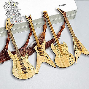 Natural Bamboo Bookmarks with Tassels,Retro Guitar Bass Bookmark Chinese Style Bamboo Bookmark Bass Book Folder Book Clip(C)