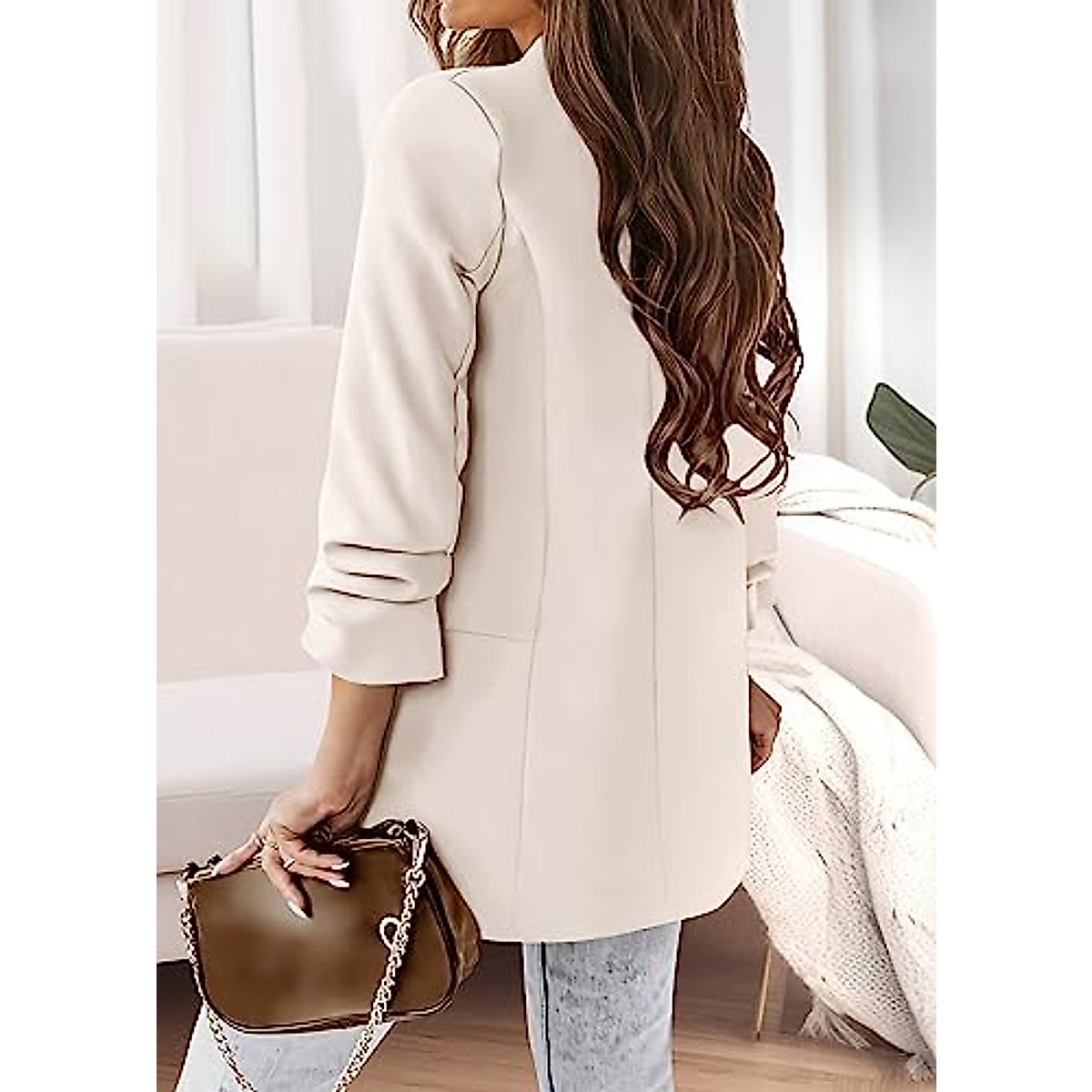KIRUNDO Womens Fall Fashion 2023 Casual Blazers Long Sleeve Open Front Work Suit Office Blazer Jackets with Pockets(Beige White, Medium)