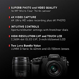 Panasonic Lumix G7 4K Digital Mirrorless Camera Bundle with Lumix G Vario 14-42mm and 45-150mm Lenses, 16MP, 3-Inch Touch LCD, DMC-G7WK (USA Black)