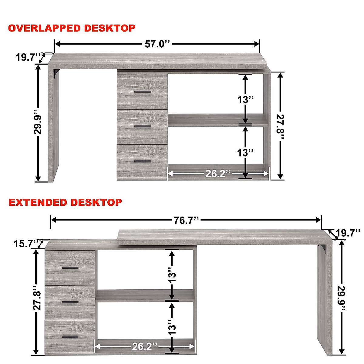 HSH L Shape Desk with Drawers, L-Shaped Desk with Storage Cabinet Shelves, Home Office Corner Computer Desk for Executive Writing, Modern Wood Study PC Table in Bedroom Living Room, Grey Oak, 55 Inch