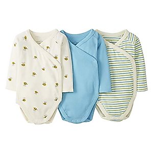 Moon and Back by Hanna Andersson Unisex Babies' Long-Sleeve Side Snap Bodysuit, Pack of 3, Turquoise Blue/White, 0-3 Months
