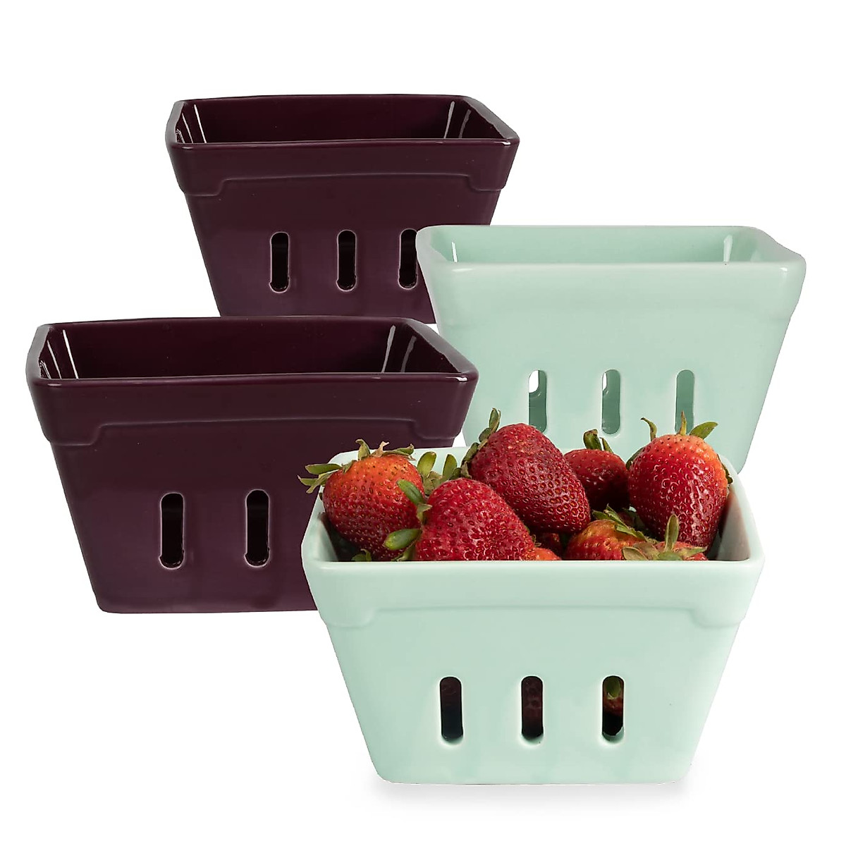 Crutello Ceramic Fruit Basket, 2 XLarge and 2 Standard Square Bowls for Fruit and Veggies, Strawberry Basket, Ceramic Collander