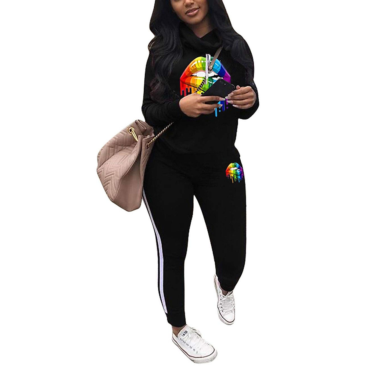 Angsuttc Womens Casual 2 Piece Outfits Lip Print Long Sleeve Pullover Sweatshirt Jogging Pants Tracksuits Set Black L