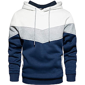 Wielsscca Mens Hoodies Pullover Color Block Fleece Sweatshirt Tops with Pocket White L