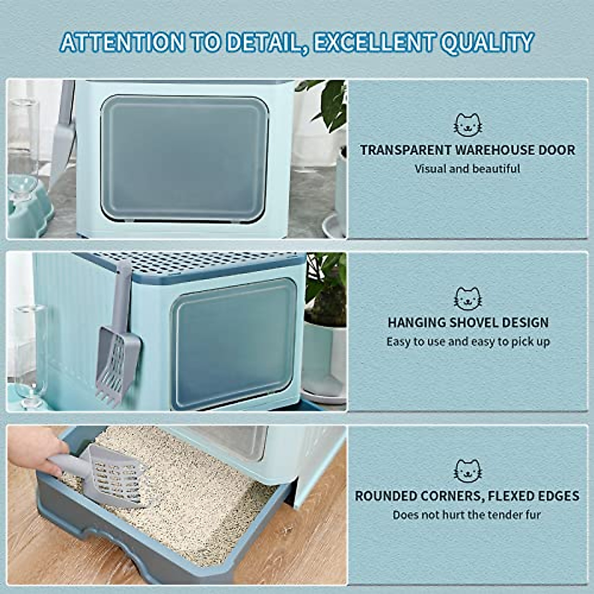 AOSUI Covered Cat Litter Box Extra Large Foldable Litter Box Odor Filter Front Entry Top Exit Litter Box with Lid for Cats, Enclosed Cat Potty with Cat Litter Scoop and Cat Litter Mat Easy Clean