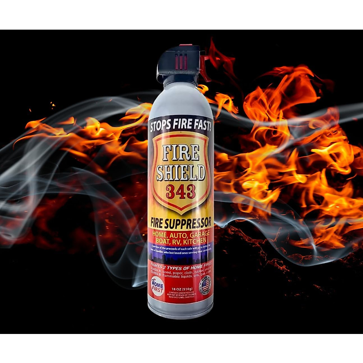 Fire Shield 343 - Home & MOBILE Use Aerosol Fire Suppressant Spray Foam Eliminates Gasoline, Kitchen Grease, Oil, Wood Fires. For Garage, House, Camping, RV & More