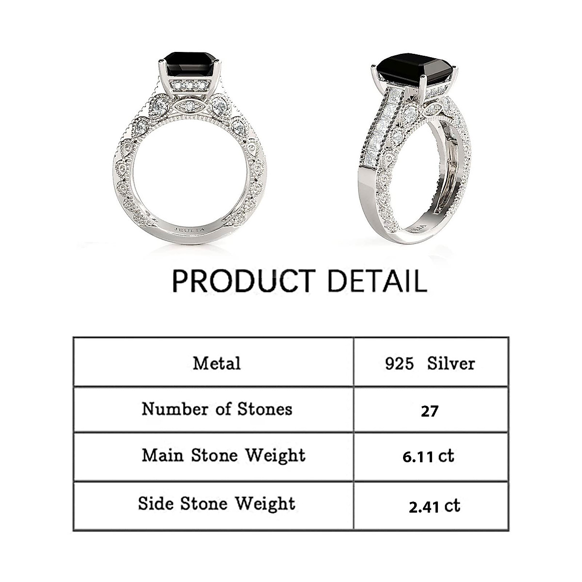 Jeulia Vintage Emerald Cut Wedding Ring:Sterling Silver Halo Diamond Bridal Set Engagement Wedding Band Best Anniversary Promise Christmas Jewelry Gift with Box (Black, 7.5)