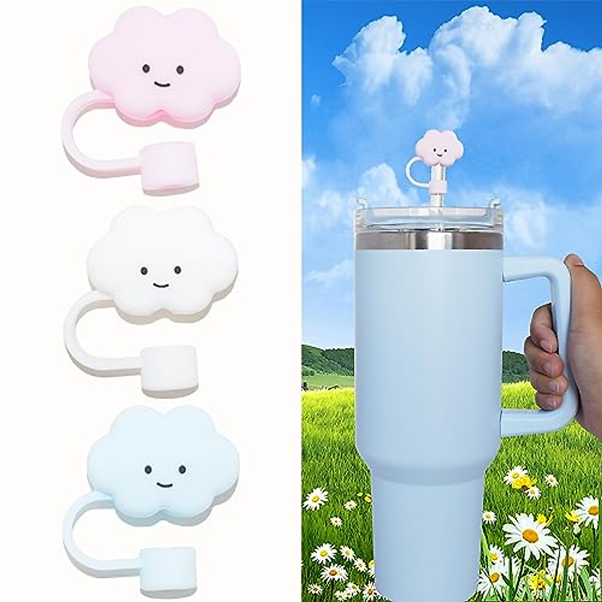 3 Pack Straw Covers Cap for Stanley Cup Accessories, 10mm Cute Silicone Straw Topper for Stanley 30&40 Oz Tumbler, Reusable Drinking Straw Tips Lids for 10mm Straws, Dust-Proof Straw Protectors