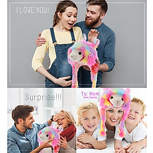 DolliBu I Love You Valentine Plush Rainbow Llamacorn Hat - Cute Stuffed Animal with Red Heart and Name Personalization Gift