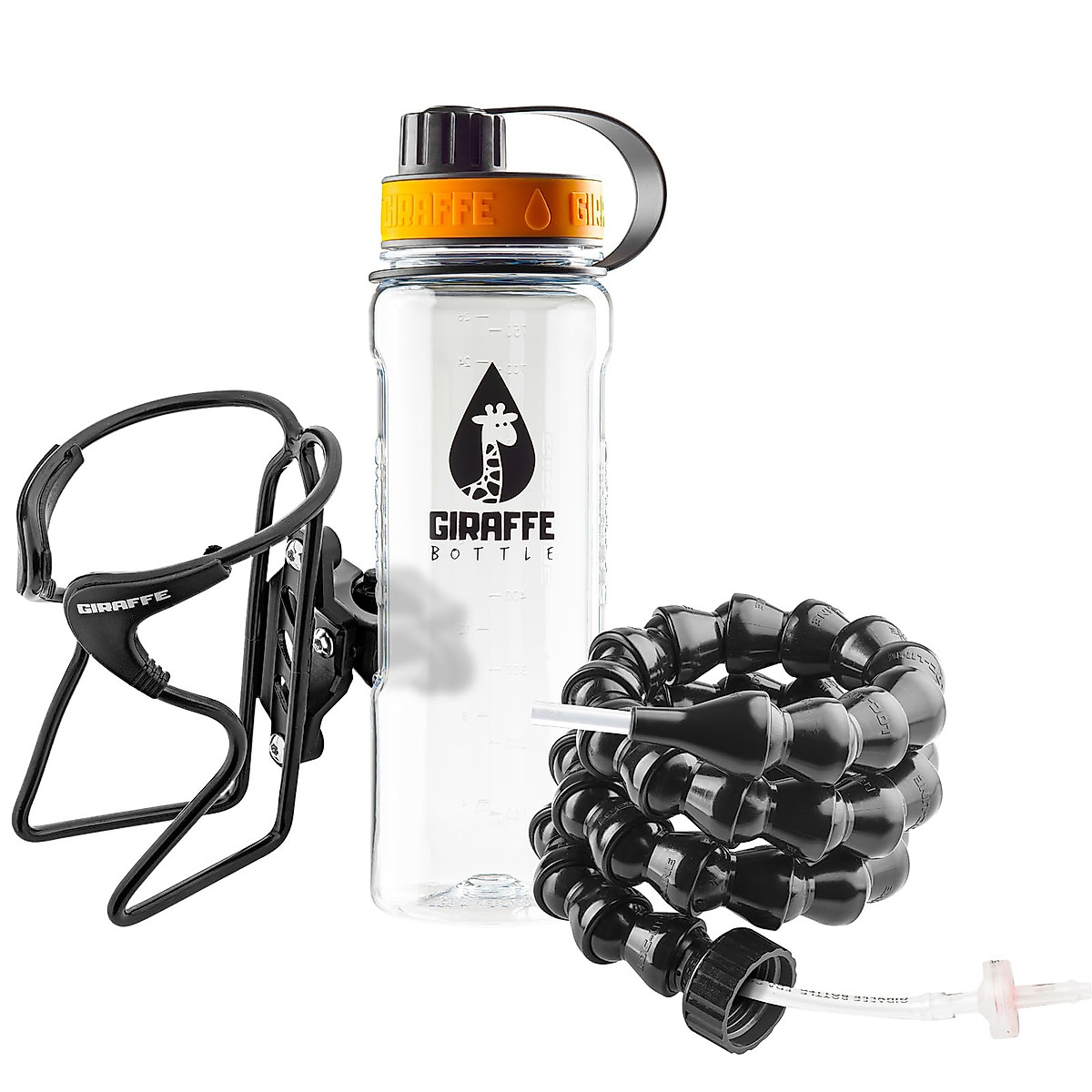 Giraffe Bottle Tower Hands Free Drinking System, Clear Tritan Bottle, with Round Tube Mounted Bottle Holder (length 25 in / 63 cm)