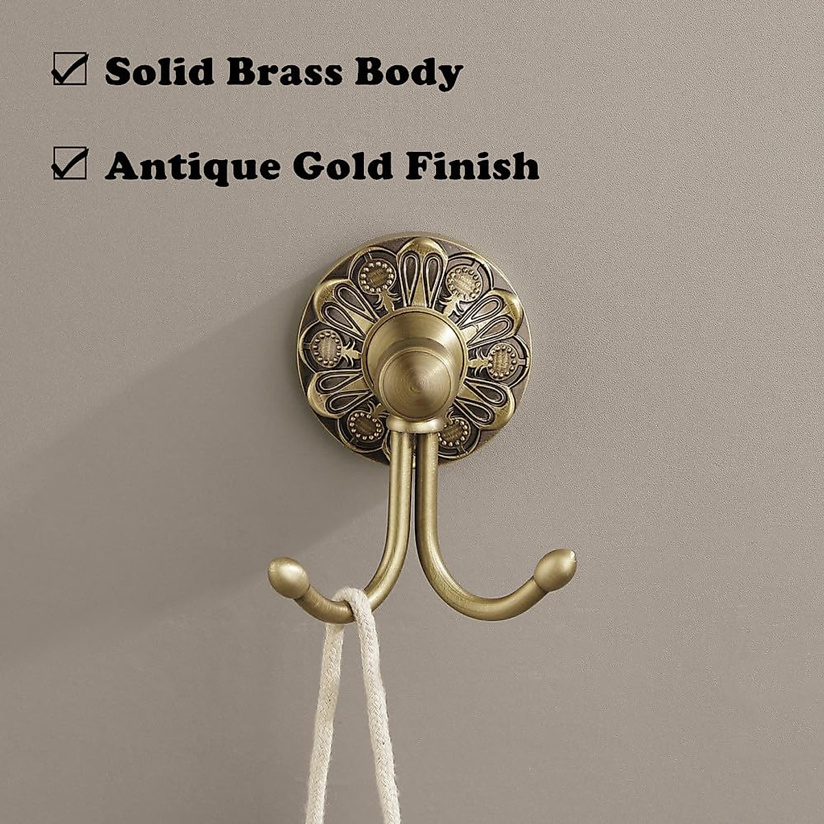 Lucyound Antique Brass Towel Hook, Wall Mounted Bathroom Double Hook for Clothing & Robe Hanger, Screws Install Shower Wall Hook, Vintage Petal-Relief Series