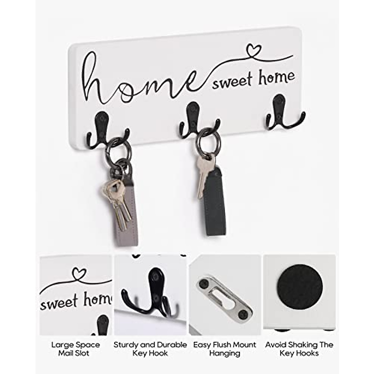 homenote Key Holder for Wall, Delicate Wall Mounted Key Rack with 3 Double Key Hooks, Home Sweet Home Decor Wooden Key Hanger for Entryway, Hallway, Kitchen, Bedroom, Bathroom, Office (White)