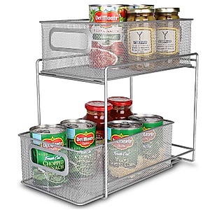 Artestia Under Sink Organizers and Storage Pull Out Drawers 2 Tiers Mesh Sliding Bathroom Cabinet Organizers Baskets Multipurpose Storage Shelf for Bathroom Kitchen, Silver