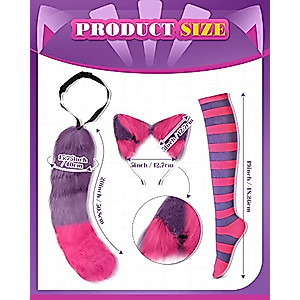 Striped Cat Costume for Girls Women, Cat Ears, Furry Tail, Striped Socks for Halloween Cosplay (Purple, Pink)