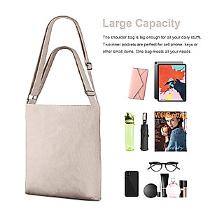 Kememo Corduroy Hobo Bag Crossbody Tote Bag with Zipper, Large Capacity Shoulder Bag Handbags Shopping Bag for Women, Beige