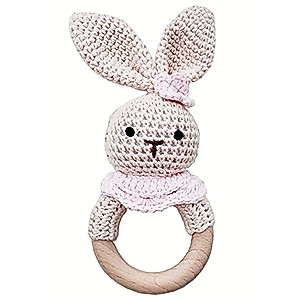 Natural Crochet Teether Toy Rattle for Baby Forest Friends Handmade Amigurumi Crochet Bunny Deer Fox on Natural Wooden Teething Ring Rattle Natural Baby Toys (Girl Bunny)