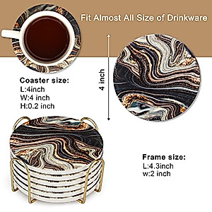 6 Pcs Black and Gold Marble Coasters with Holder Round Coasters for Drinks Best Absorbent Coasters Marble Coaster Sets Personalized Drink Coasters Coffee Table Cup Coaster Beer Coasters