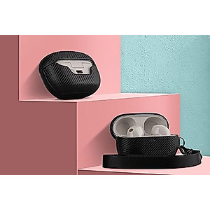 LOPIE Case Compatible with WF-1000XM5, Carbon Fiber Style Vegan Leather Case Designed for Sony Earbuds WF1000XM5 Case Cover (2023), Protective Cover with Lanyard for Women/Men- Black