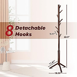 Azaeahom Coat Rack Freestanding with 8 Hooks 3 Adjustable Height Coat Racks Stand Clothing Hanger Stand Wooden Coat Tree Easy Assembly for Entryway, Bedroom, Hallway, Dormitory,Office Cherry