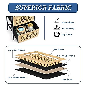 DOVAMY Rattan Nightstand with 2 Drawers, End Table for Small Spaces, Side Table with Storage for Bedroom, Living Room, Dorm, 27.5'' Bed Stand with Open Shelf, Beige BN03B