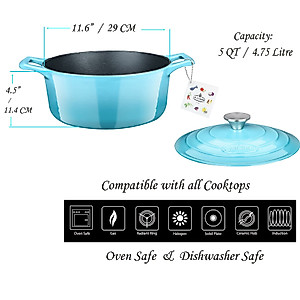 La Cuisine Enameled Cast Iron Oval Dutch Oven Casserole Pot with Lid 5 QT Matte Black Enamel Interior, Teal Porcelain Enamel Coating Finish Exterior