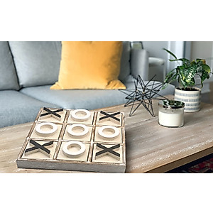 JEVERGN 12.6" Large Wooden Tic Tac Toe Game, Rustic Coffee Table Game, Wood Farmhouse Tic Tac Toe Board Game Decor, Family Games for Adult & Kids, Whitewashed