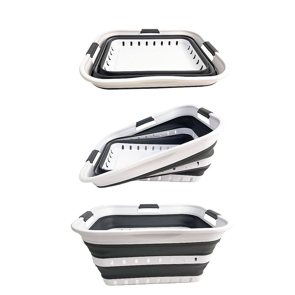 SAMMART Collapsible Plastic Rectangular Laundry Basket - Foldable Pop Up Storage Container/Organizer - Portable Laundry Hamper - Space Saving (White/Steel Grey, 42L)