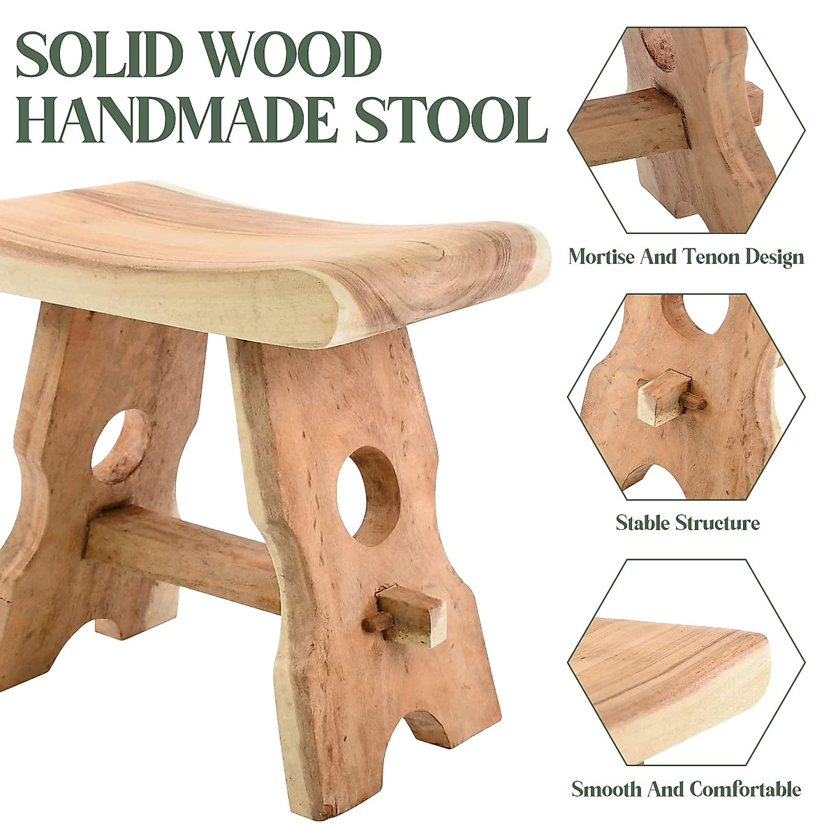 RUN.SE Solid Wood Shower Bench 19" Bathroom Stool Footrest for Bathroom Kitchen Living Room Bedroom Entryway, Fully Assembled (Suar Wood)