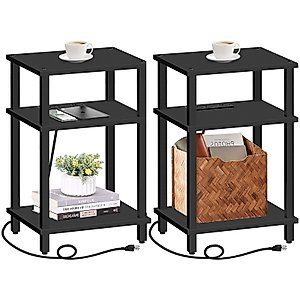 TUTOTAK Set of 2 End Table with Charging Station, Side Table with USB Ports and Outlets, Nightstand, 3-Tier Storage Shelf, Sofa Table for Small Space TB01BK0422