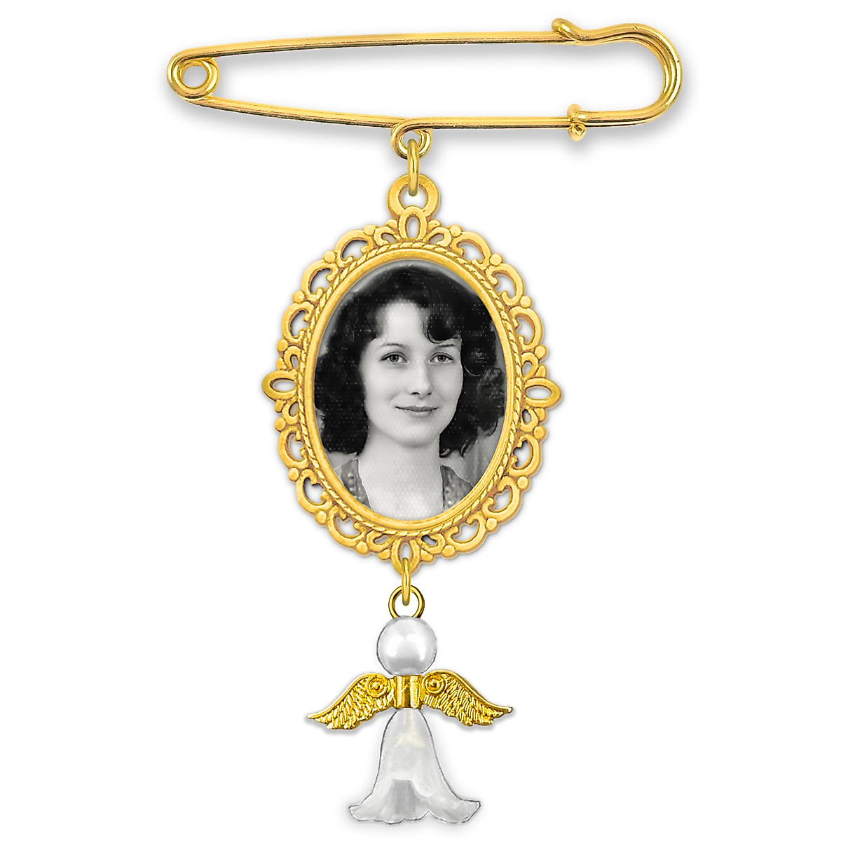 Gold Memorial Wedding Bouquet Photo Charm Pin with Angel Charm for Bride's Flowers on Wedding Day