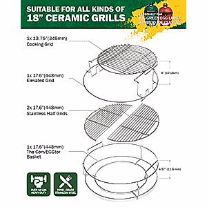 BBQ Expander Rack Kit, Big Green Egg Grill Accessories Large - Includes 2-Piece Multi-Function Rack, 1-Piece Conveggtor Basket, 2 Half-Moon Grids, Heavy-Duty Stainless