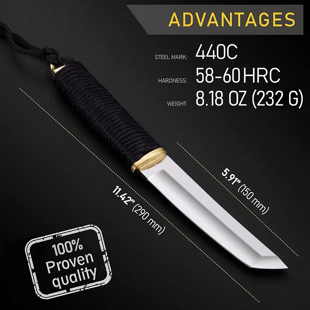 Grand Way Tanto Camping Knife with Sheath – 3+ Colors – 5.9" Fixed Full Tang Mirror Polished Blade – Hunting Knife with Sheath Survival Knives for Men