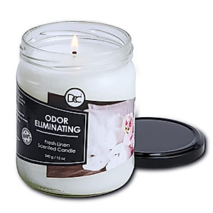 Fresh Linen Odor Eliminating Highly Fragranced Candle - Eliminates 95% of Pet, Smoke, Food, and Other Smells Quickly - Up to 80 Hour Burn time - 12 Ounce Premium Soy Blend