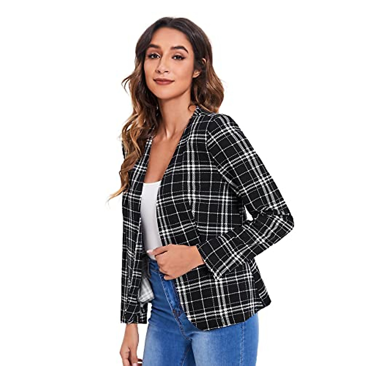 Milumia Women Elegant Open Front Plaid Blazer Work Office Jacket Outwear Z Black and White Medium