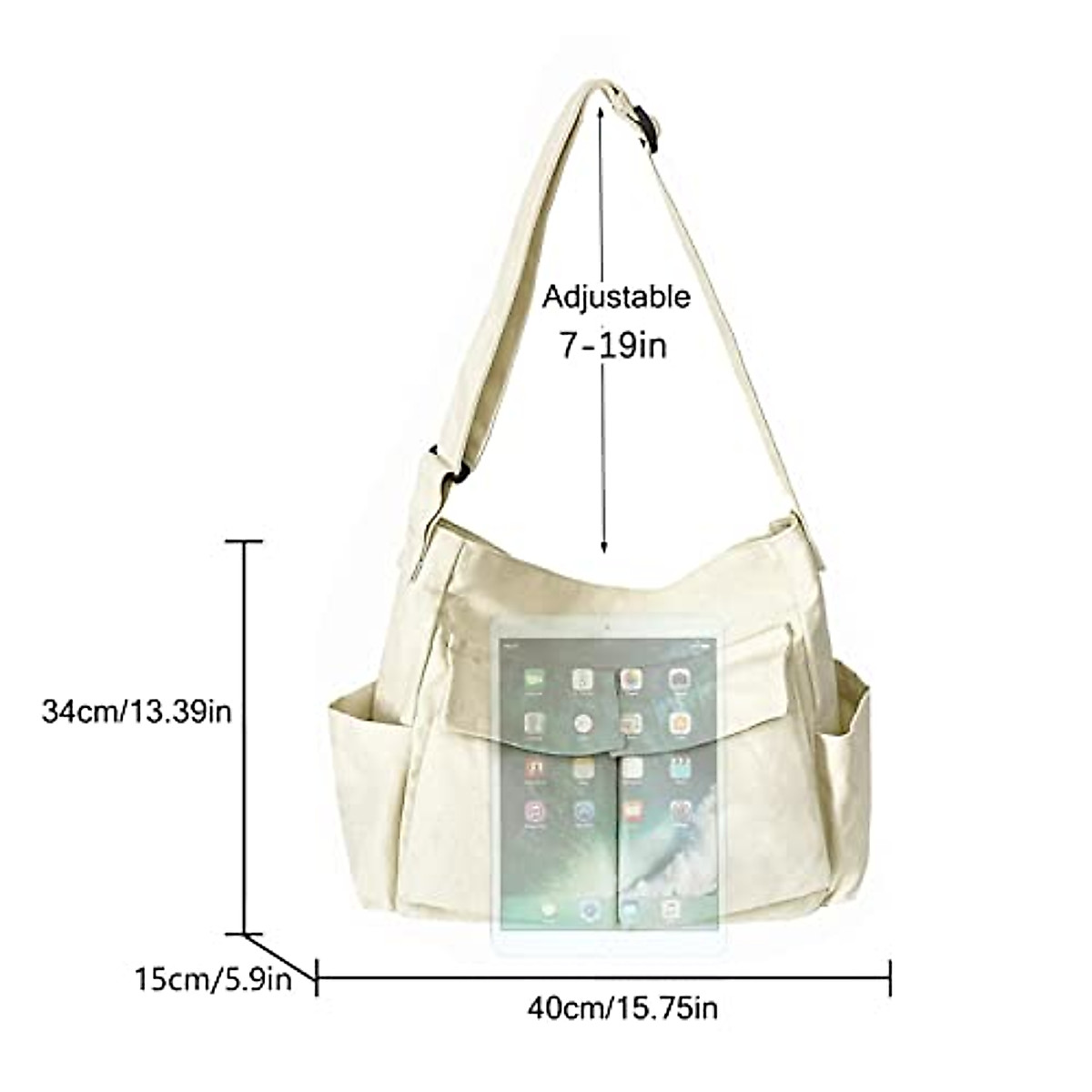 Blostirno Canvas Messenger Bag Large Hobo Crossbody Bag with Multiple Pockets Vintage Shoulder Tote Bags School Handbag for Women and Men (White)